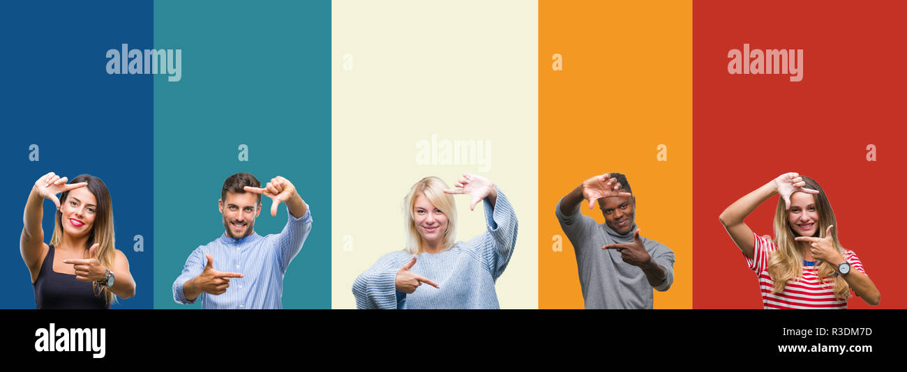 Collage of group of young people over colorful vintage isolated ...