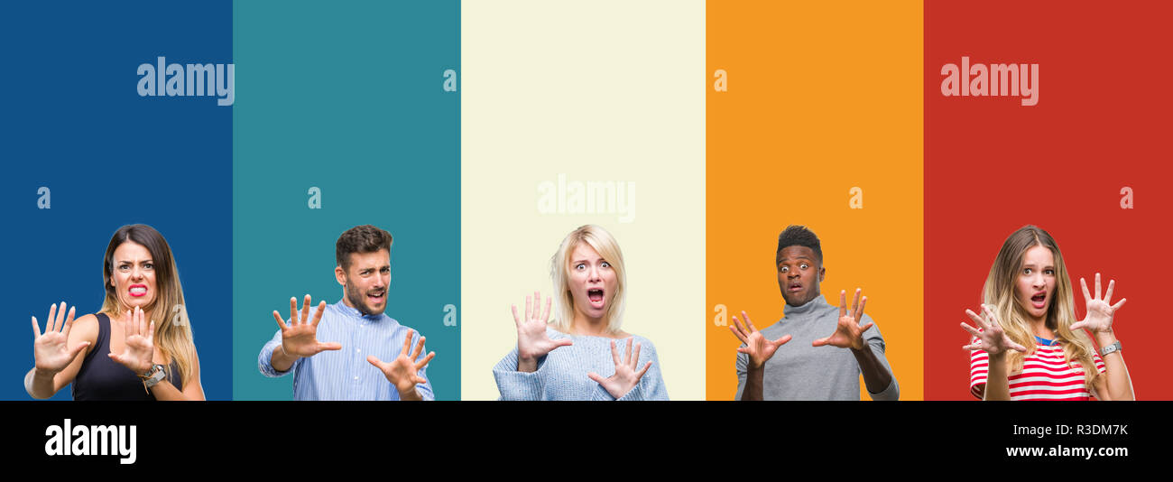 Collage of group of young people over colorful vintage isolated ...