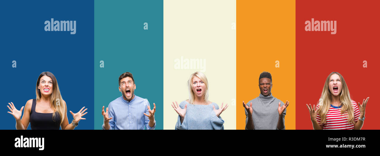 Collage of group of young people over colorful vintage isolated ...