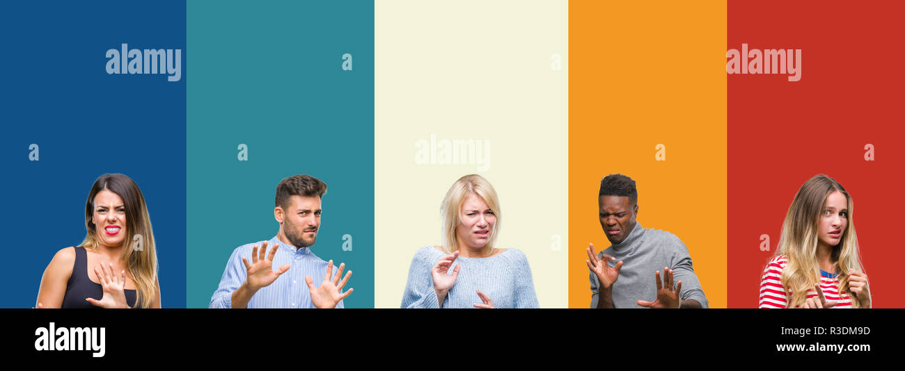 Collage of group of young people over colorful vintage isolated ...