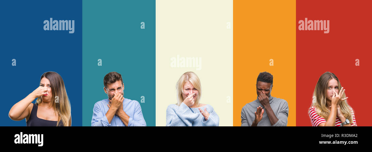 Collage of group of young people over colorful vintage isolated ...