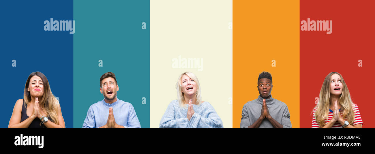 Collage of group of young people over colorful vintage isolated ...