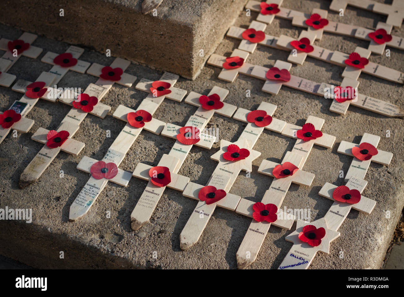 Remembrance Day poppies at the foot of the war memorial. The Promenade ...
