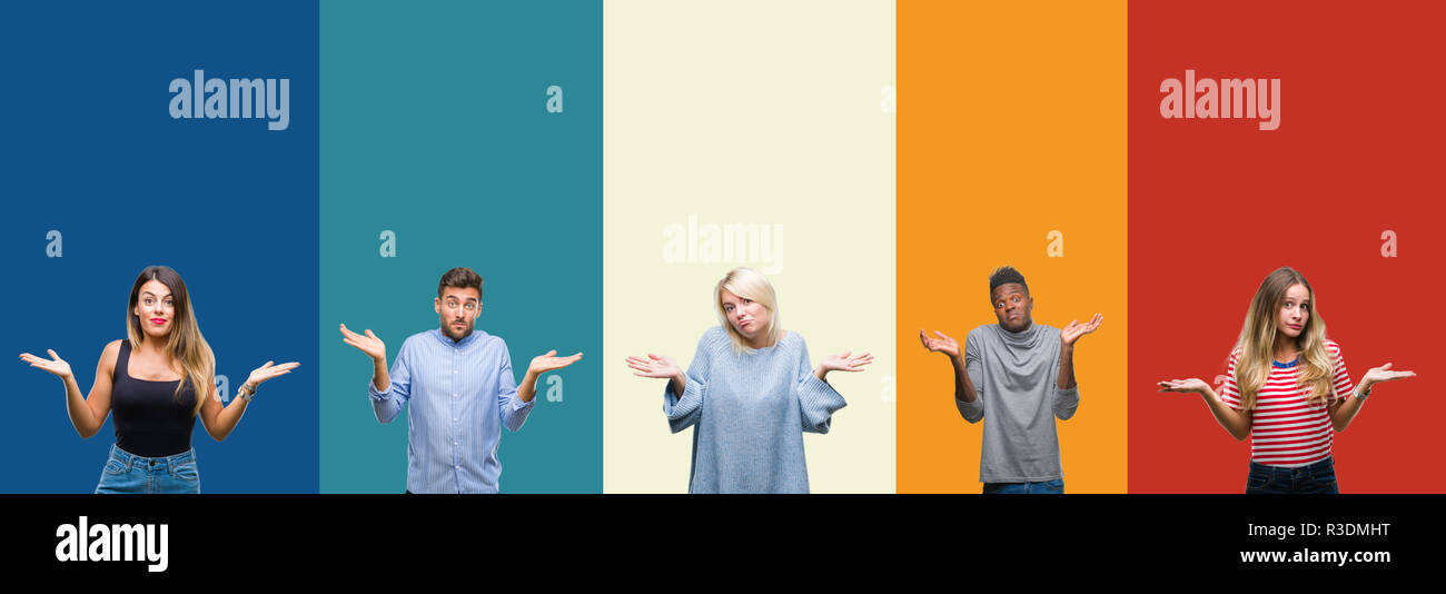 Collage of group of young people over colorful vintage isolated ...