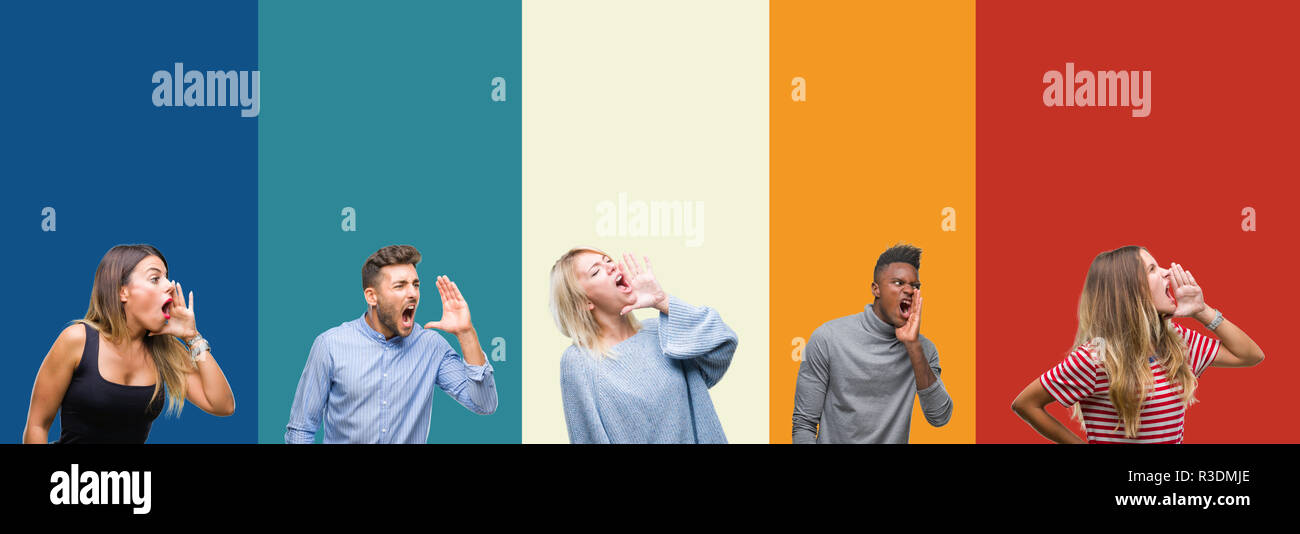 Collage of group of young people over colorful vintage isolated ...