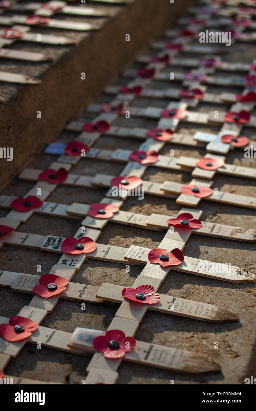 Remembrance Day poppies at the foot of the war memorial. The Promenade ...