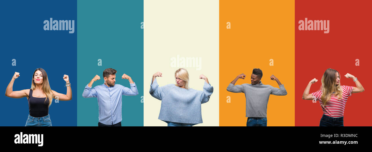 Collage of group of young people over colorful vintage isolated ...