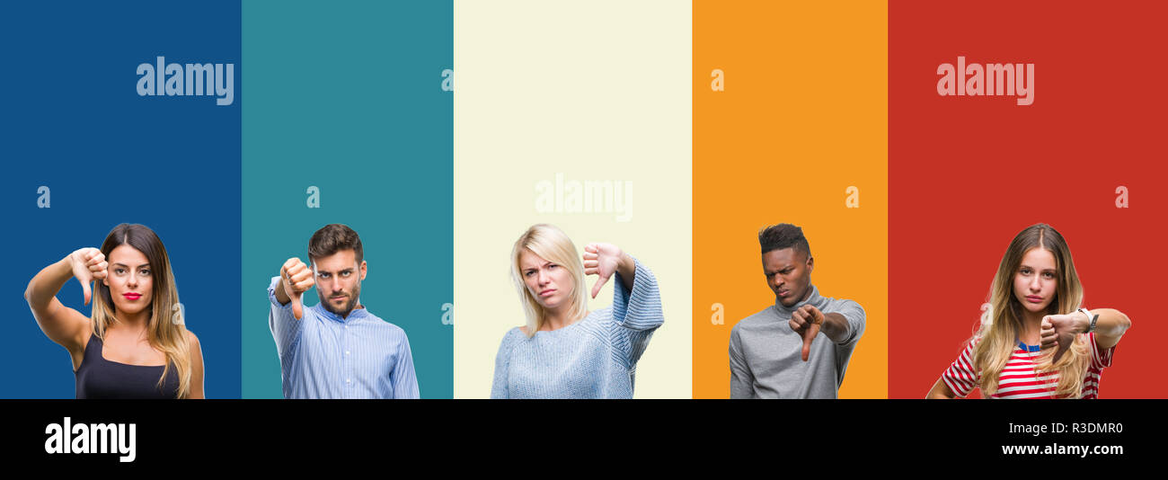 Collage of group of young people over colorful vintage isolated ...