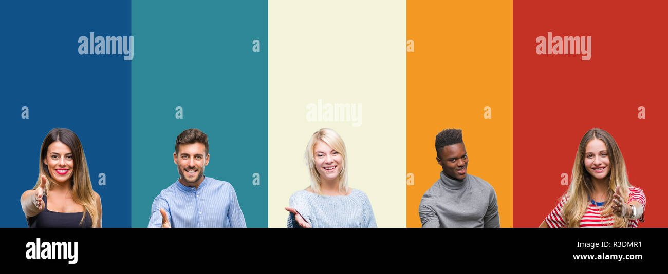 Collage of group of young people over colorful vintage isolated ...