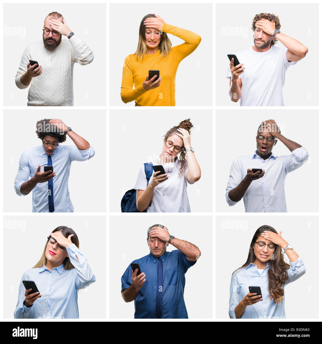 Collage of group of people using smartphone over isolated background ...