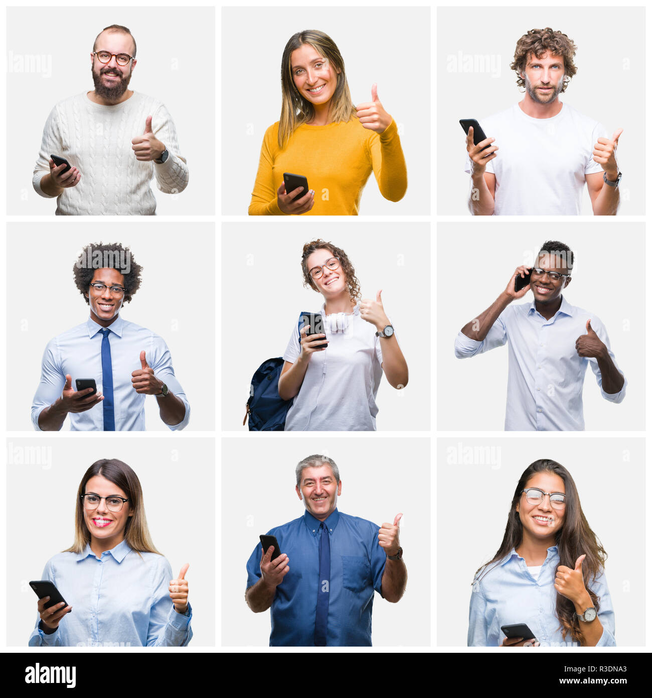 Collage of group of people using smartphone over isolated background ...