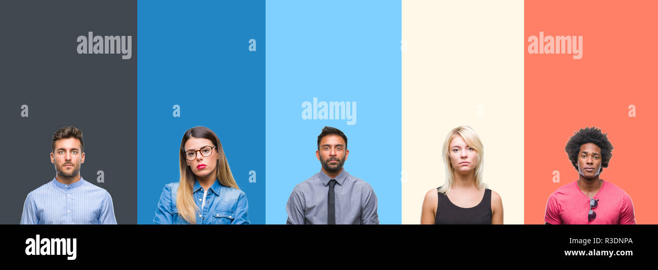 Collage of group of young people over colorful vintage isolated ...