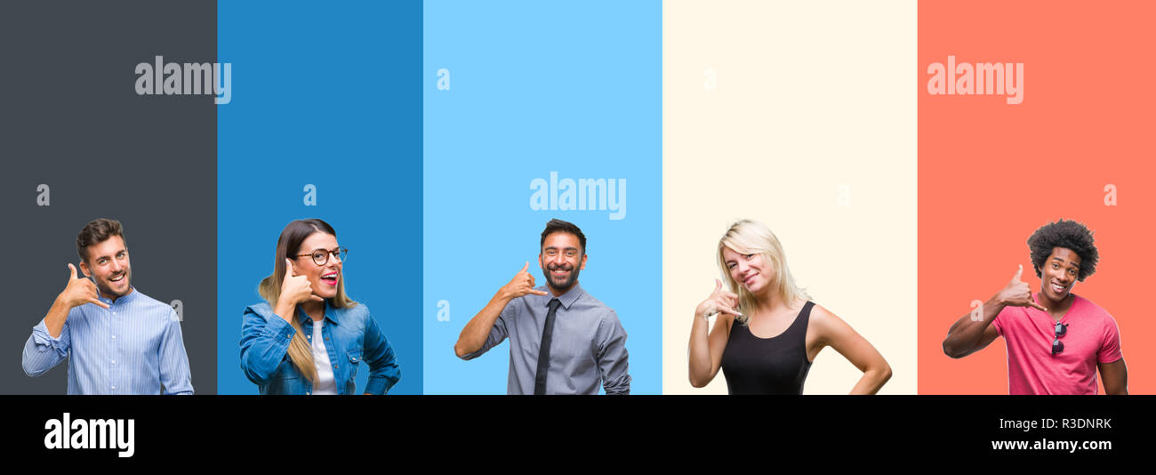 Collage of group of young people over colorful vintage isolated ...
