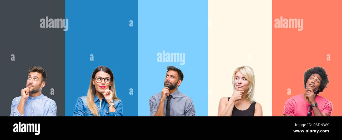 Collage of group of young people over colorful vintage isolated ...