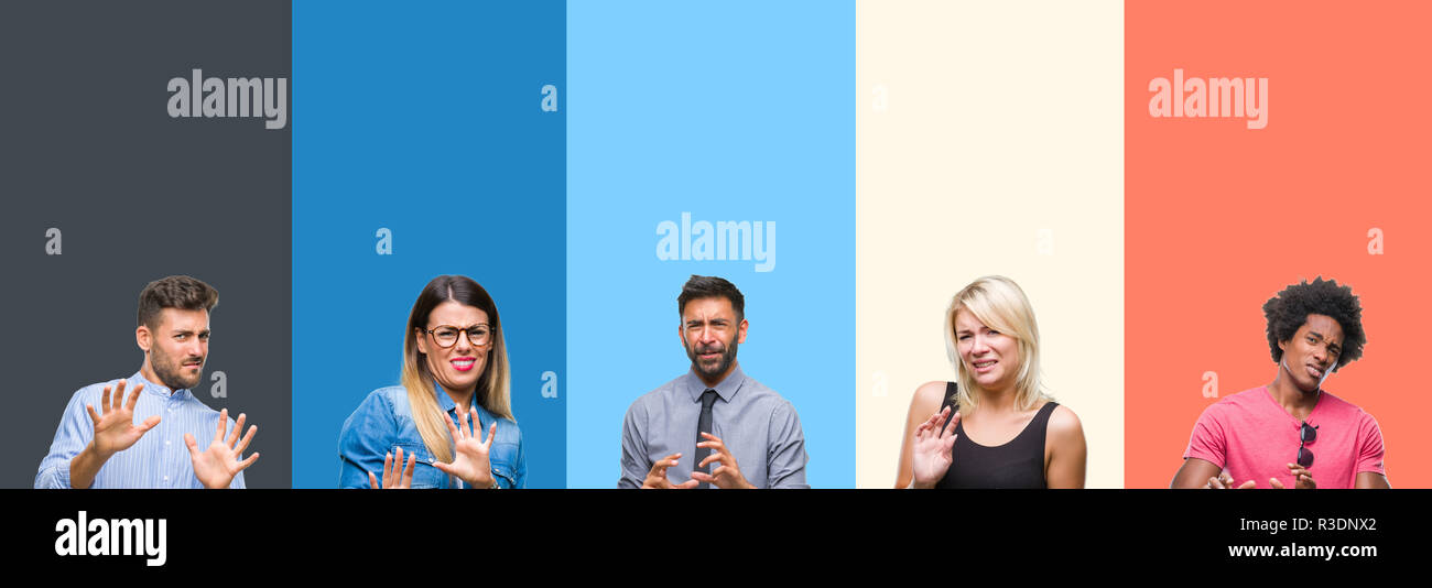 Collage of group of young people over colorful vintage isolated ...