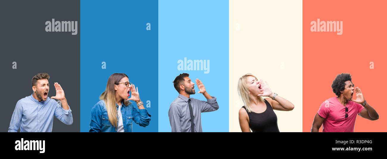 Collage of group of young people over colorful vintage isolated ...