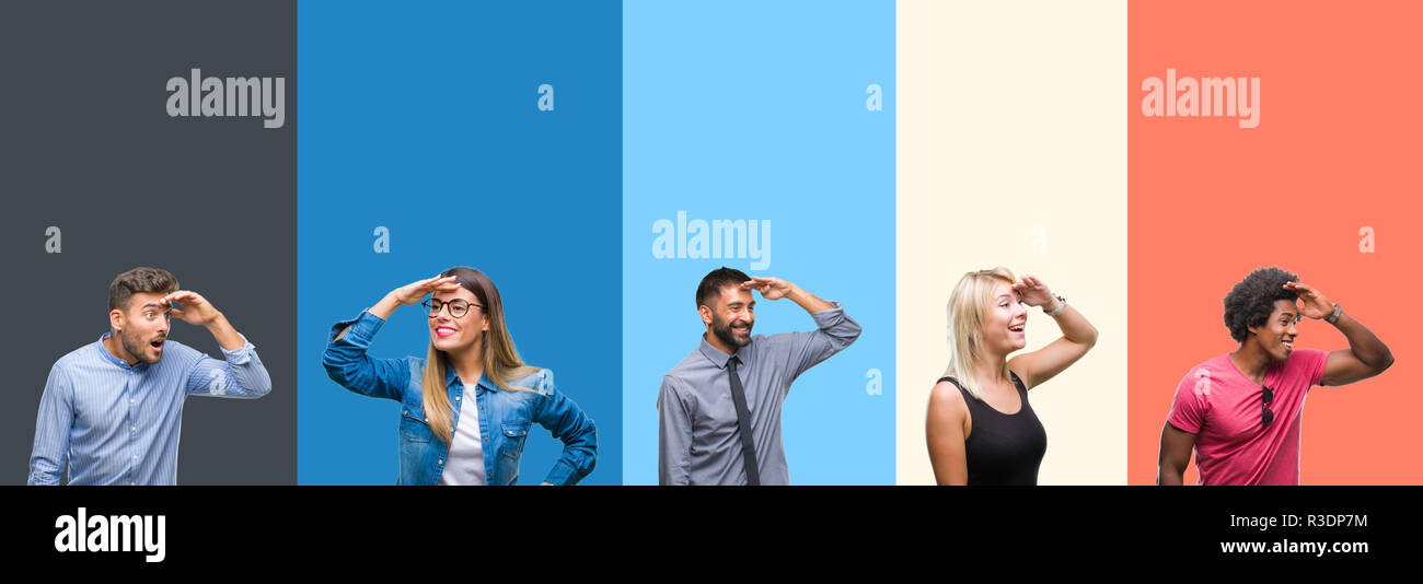 Collage of group of young people over colorful vintage isolated ...