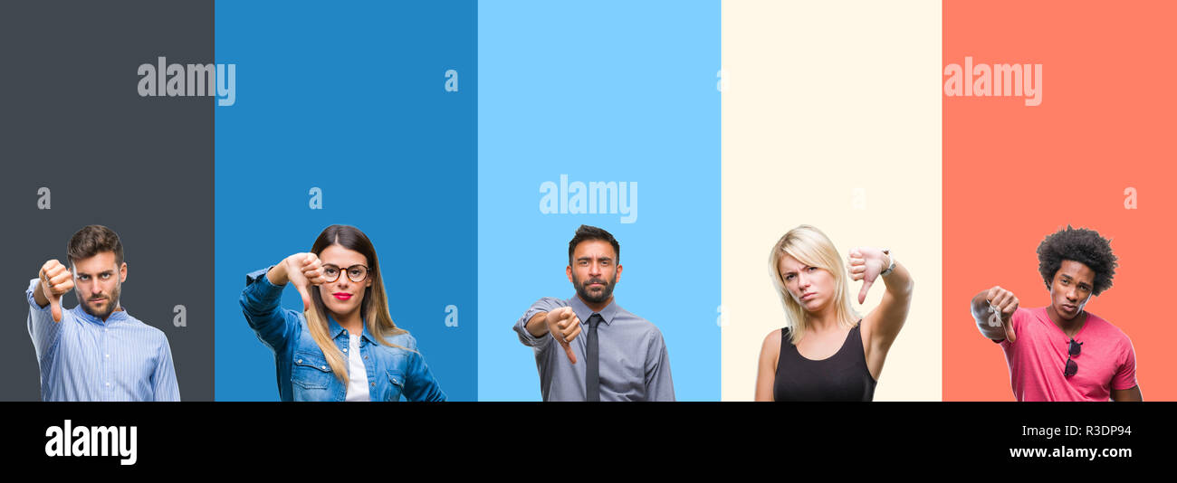 Collage of group of young people over colorful vintage isolated ...