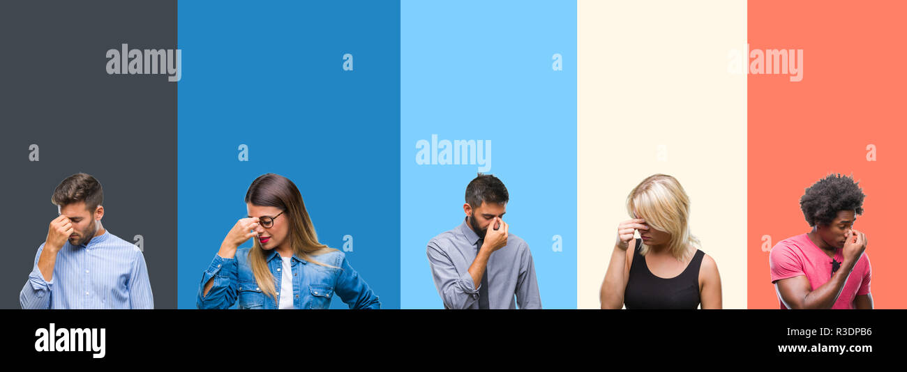 Collage of group of young people over colorful vintage isolated ...