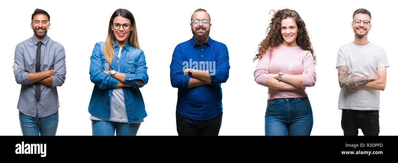 Collage of group of young casual people over isolated background happy ...