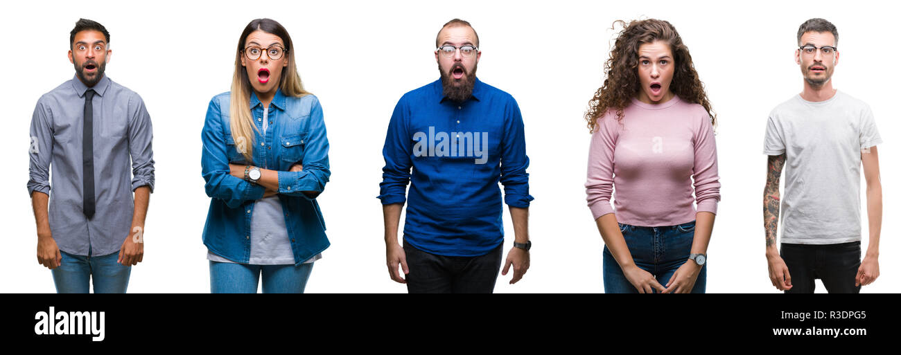 Collage of group of young casual people over isolated background afraid ...