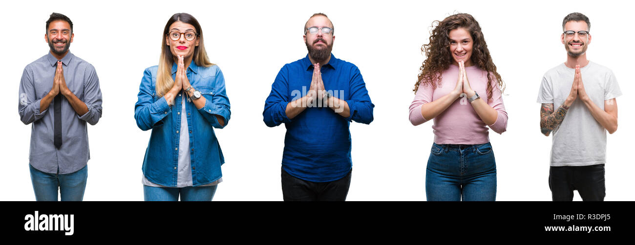 Collage of group of young casual people over isolated background ...