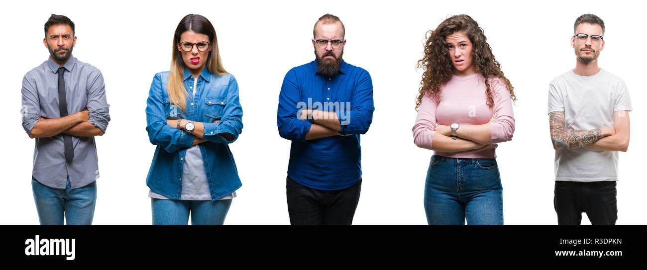 Collage of group of young casual people over isolated background ...