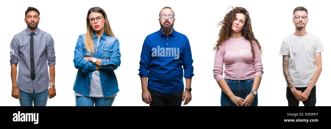 Collage of group of young casual people over isolated background with ...