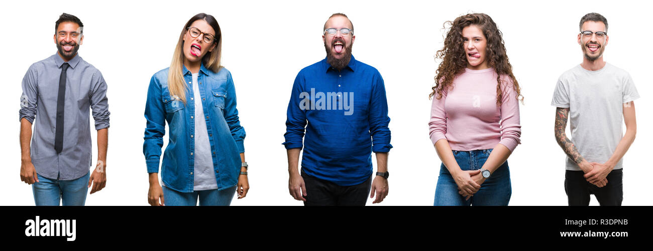 Collage of group of young casual people over isolated background ...