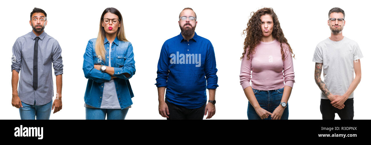 Collage of group of young casual people over isolated background ...