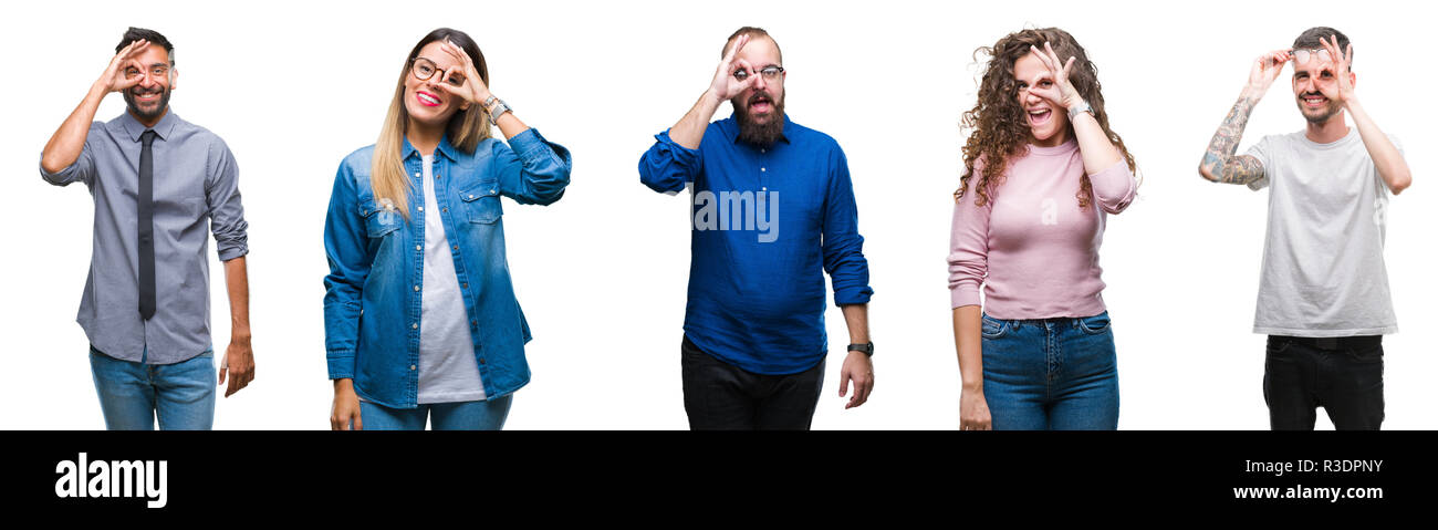 Collage of group of young casual people over isolated background doing ...