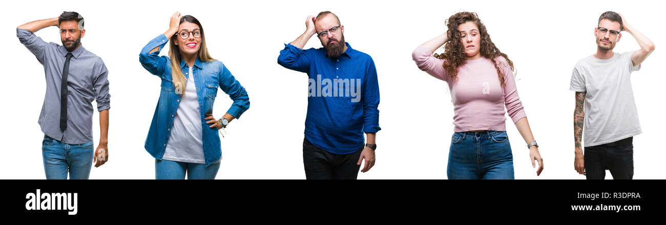 Collage of group of young casual people over isolated background ...