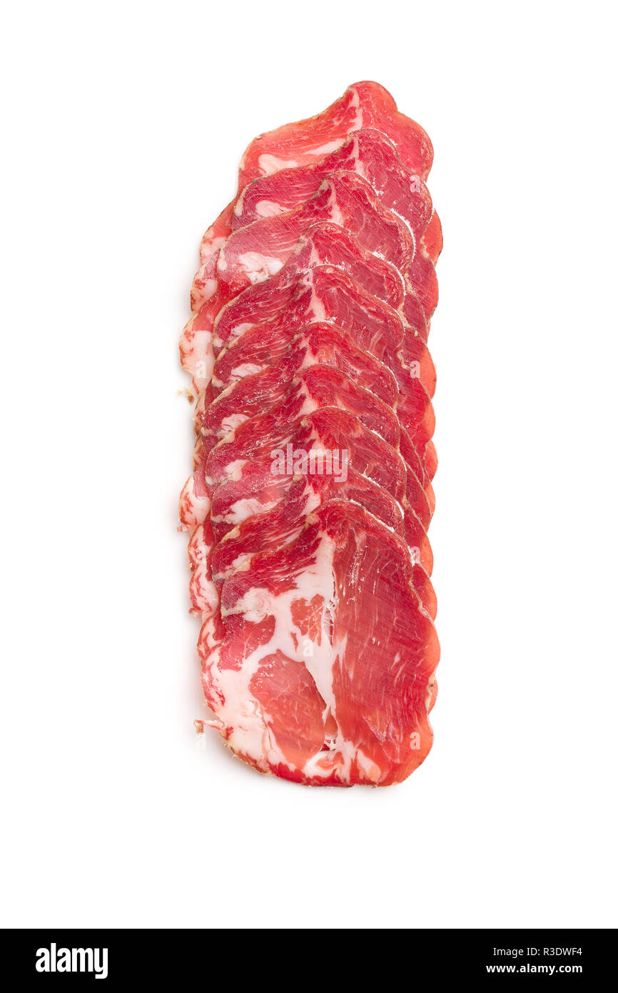 Dried pork meat slices isolated on white background Stock Photo - Alamy