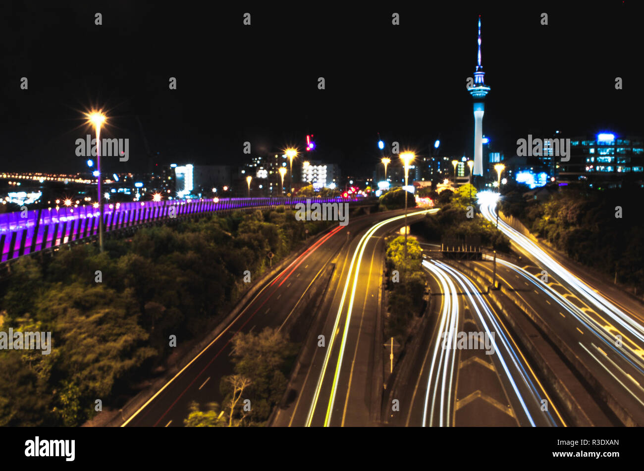 Long exposure of cars going in and out of Auckland, New Zealand Stock ...