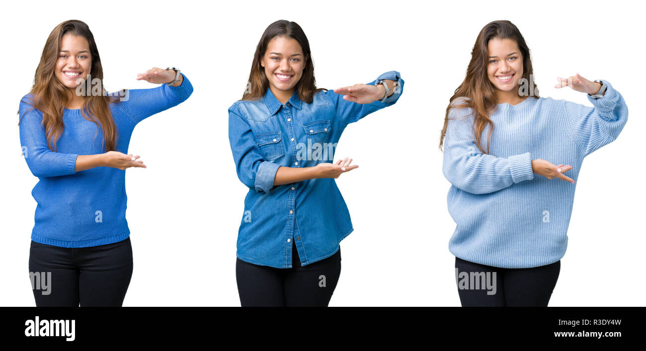 Collage of beautiful young woman over isolated background gesturing ...