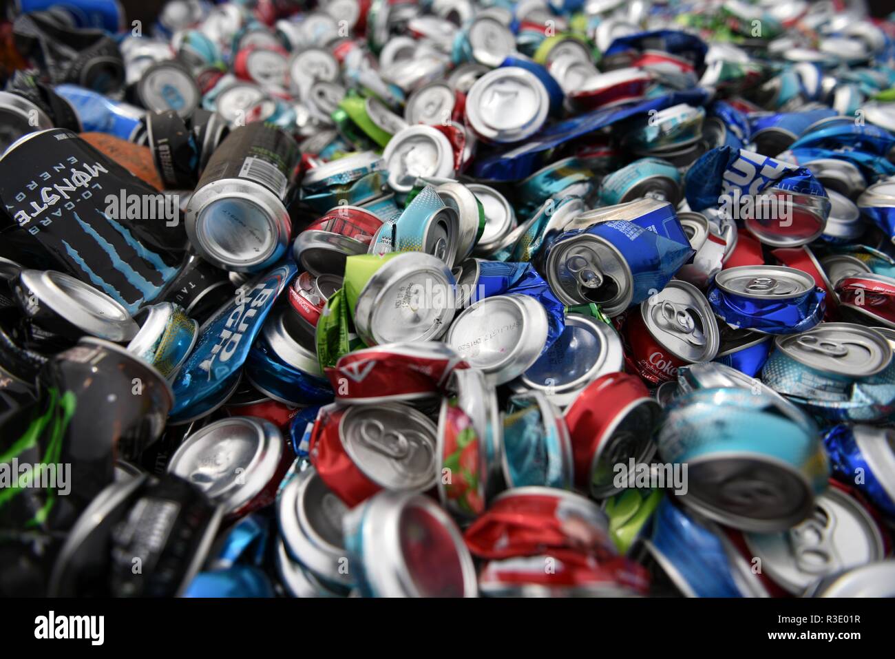Aluminum Can Recycling, large pile of smashed, crushed, empty, beer and ...