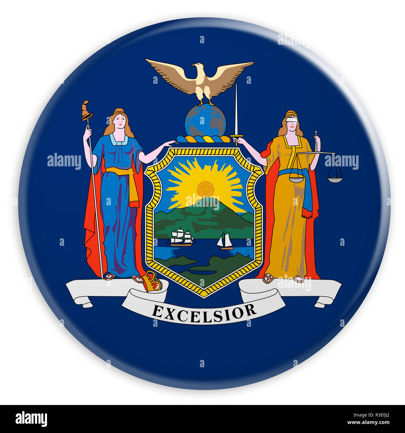 US State Button: New York Flag Badge, 3d illustration on white ...