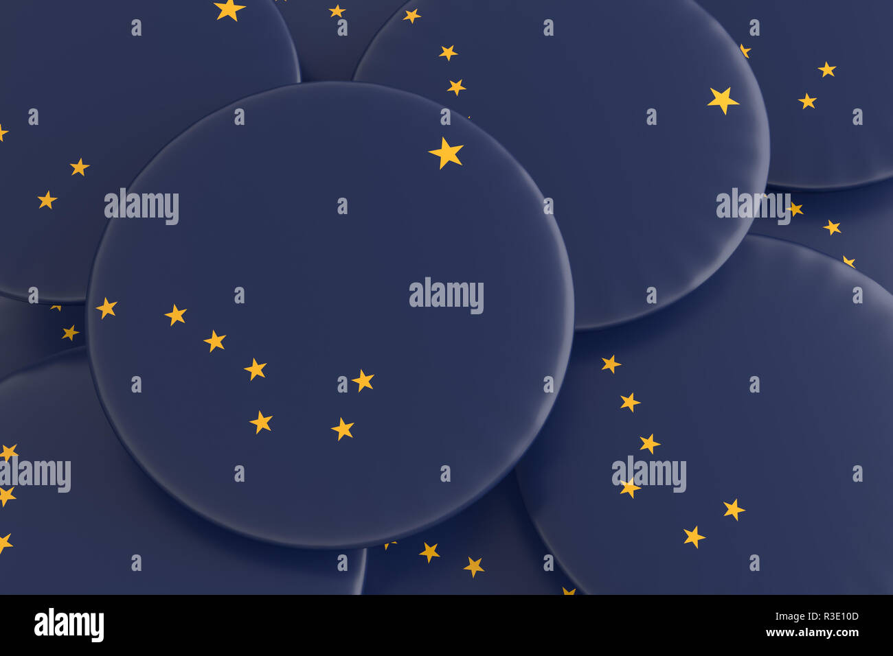 US State Buttons: Pile of Alaska Flag Badges, 3d illustration Stock ...