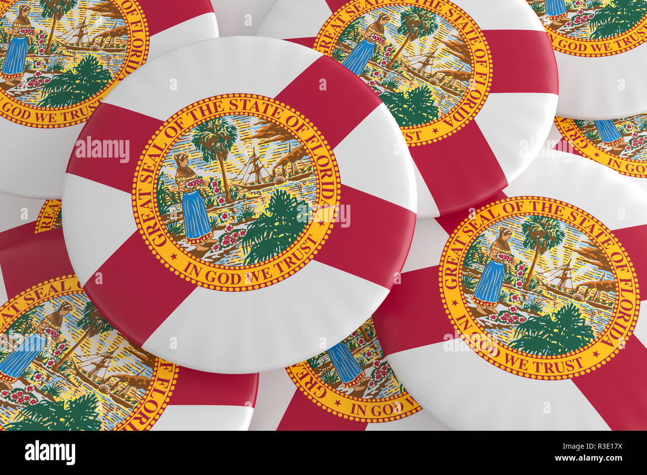 US State Buttons: Pile of Florida Flag Badges, 3d illustration Stock ...