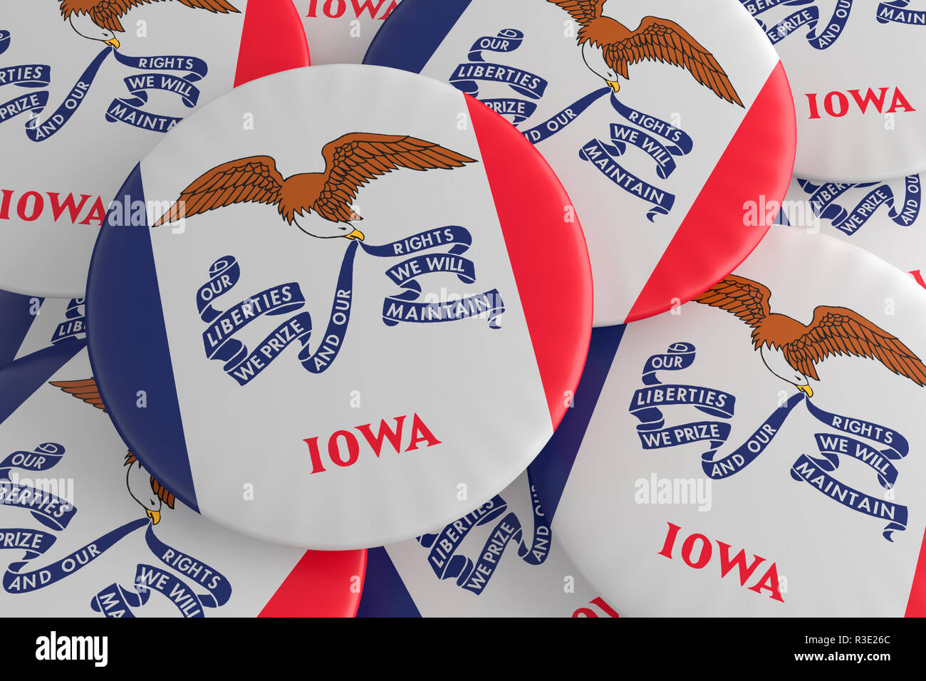 US State Buttons: Pile of Iowa Flag Badges, 3d illustration Stock Photo ...