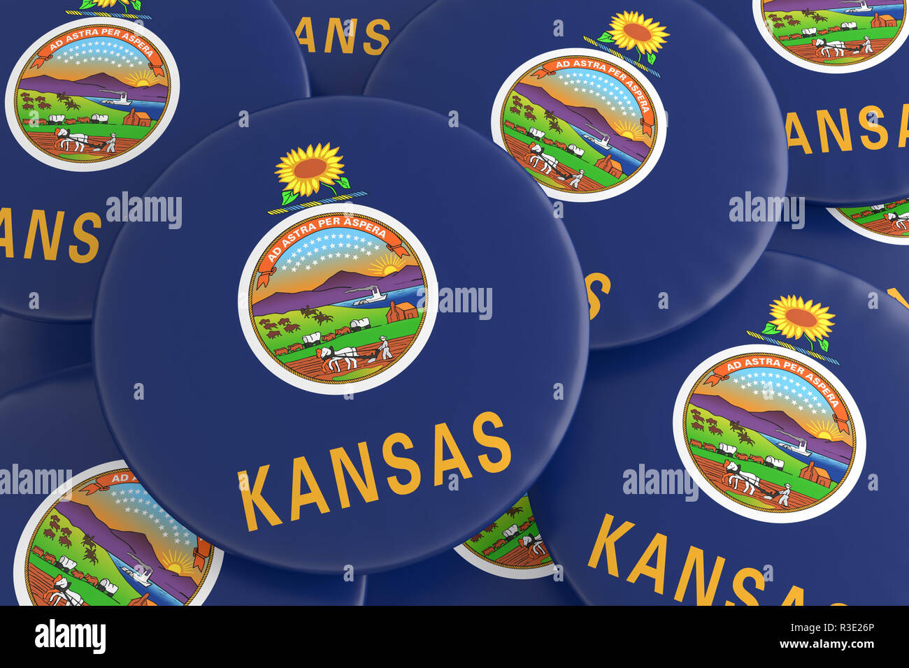 US State Buttons: Pile of Kansas Flag Badges, 3d illustration Stock ...