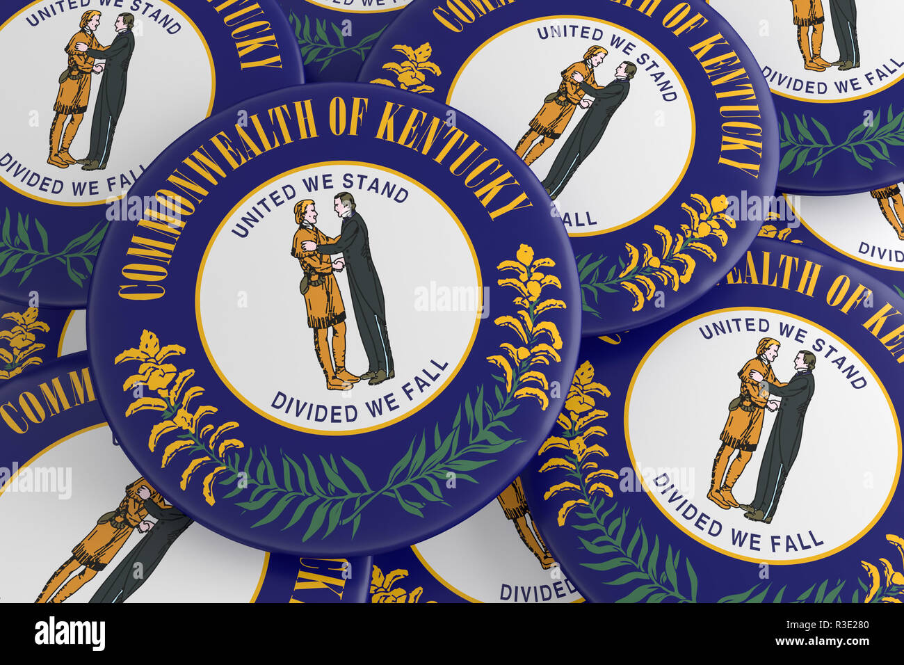 US State Buttons: Pile of Kentucky Flag Badges, 3d illustration Stock ...
