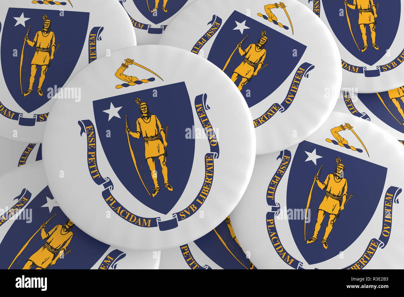 US State Buttons: Pile of Massachusetts Flag Badges, 3d illustration ...