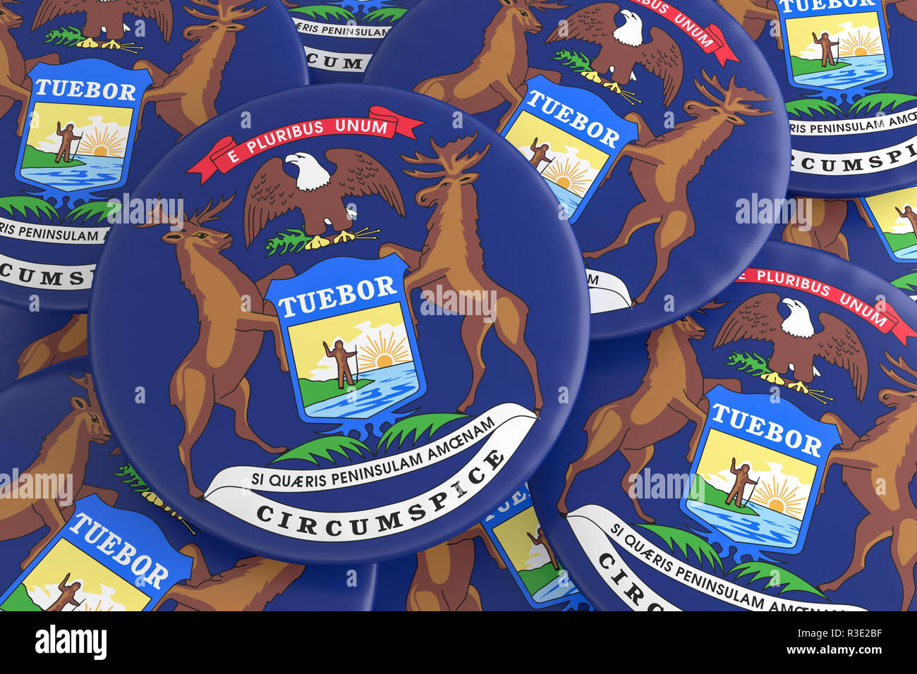 US State Buttons: Pile of Michigan Flag Badges, 3d illustration Stock ...