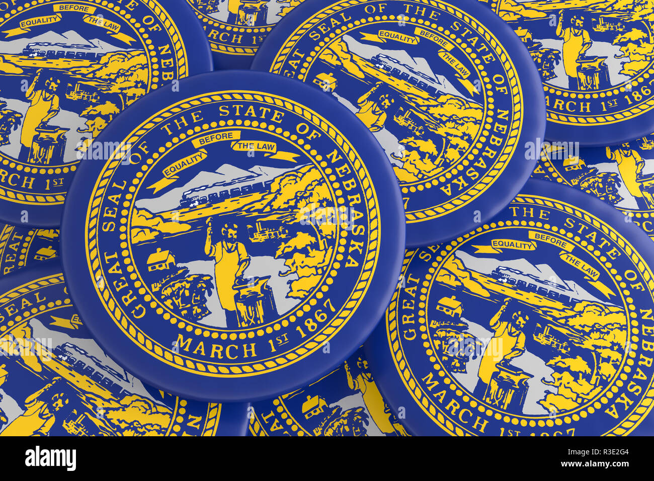 US State Buttons: Pile of Nebraska Flag Badges, 3d illustration Stock ...