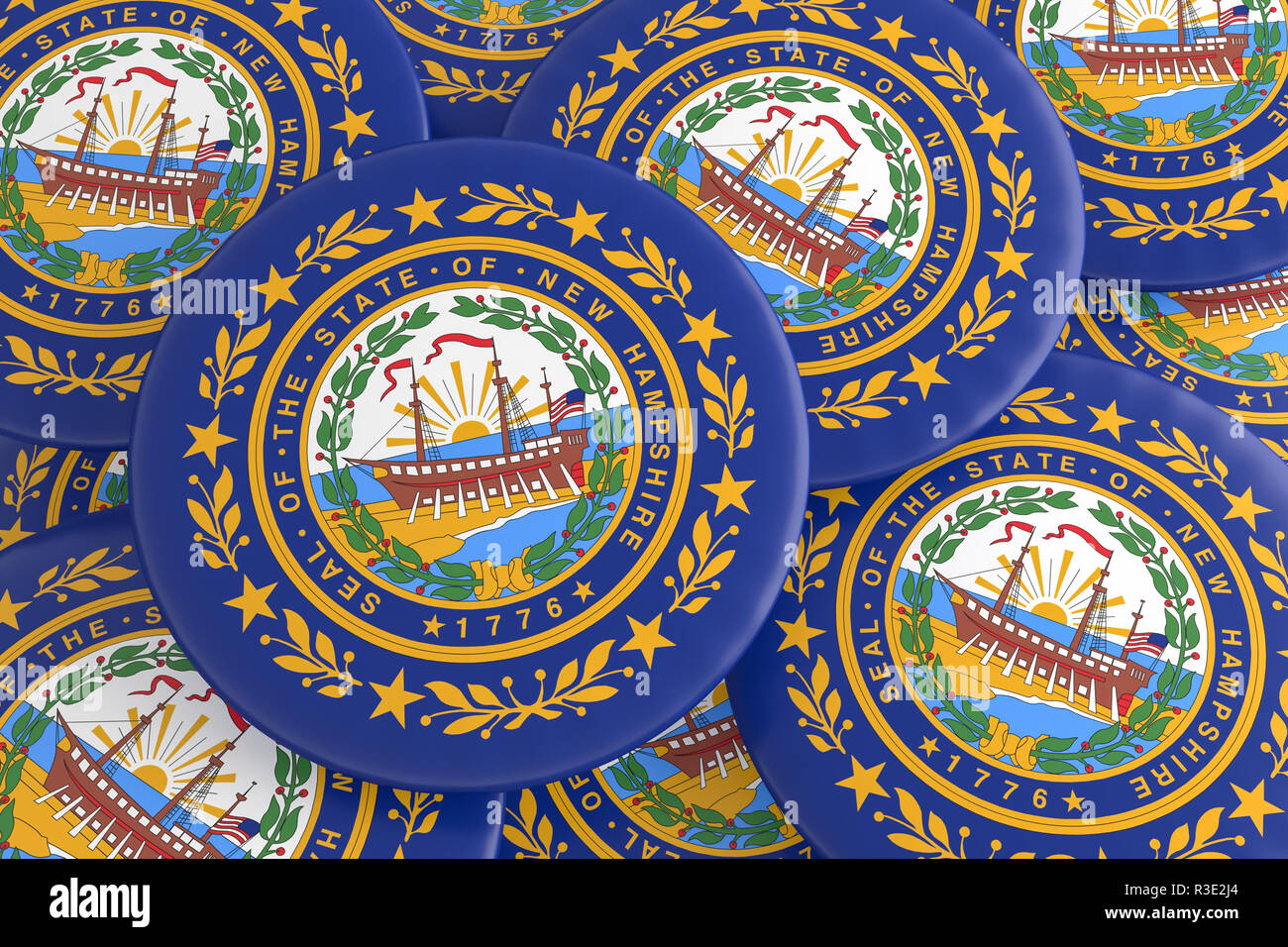 US State Buttons: Pile of New Hampshire Flag Badges, 3d illustration ...