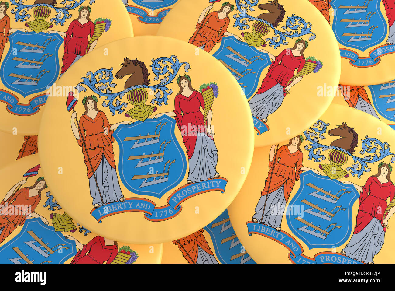 US State Buttons: Pile of New Jersey Flag Badges, 3d illustration Stock ...