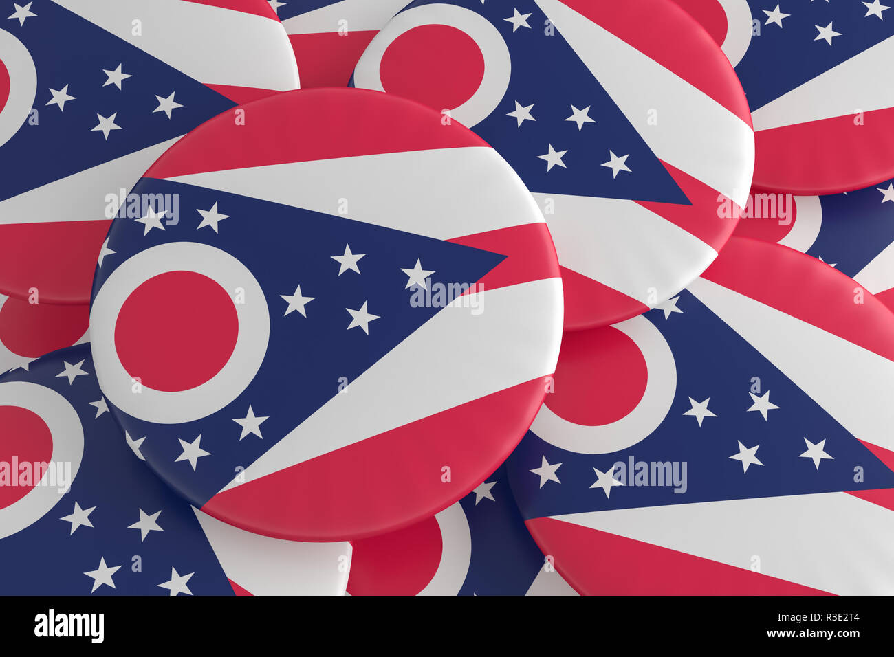 US State Buttons: Pile of Ohio Flag Badges, 3d illustration Stock Photo ...