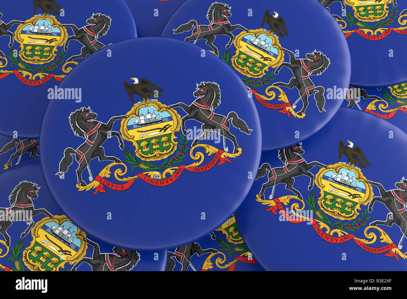 US State Buttons: Pile of Pennsylvania Flag Badges, 3d illustration ...