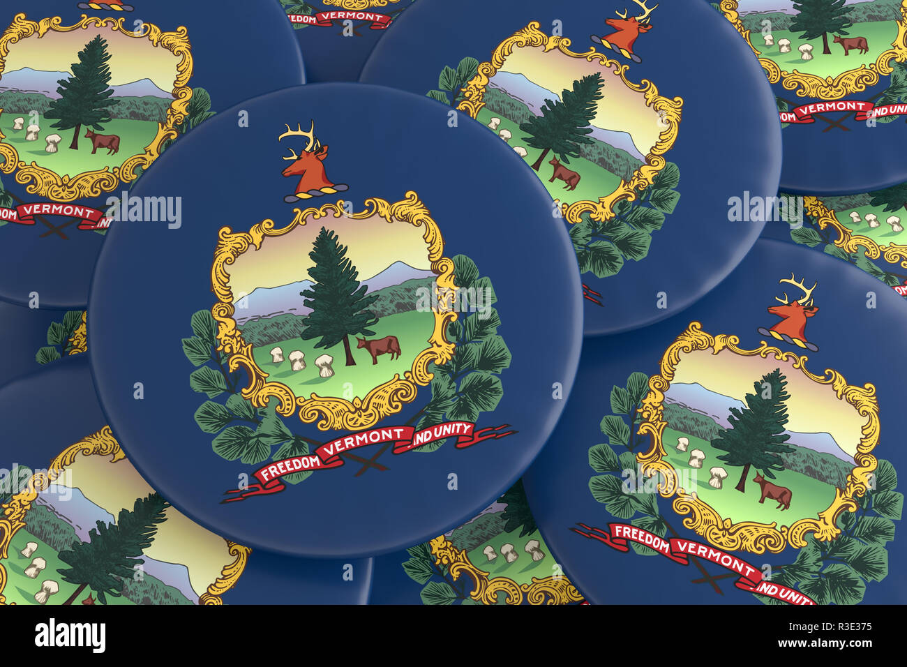 US State Buttons: Pile of Vermont Flag Badges, 3d illustration Stock ...